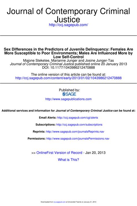 Pdf Sex Differences In The Predictors Of Juvenile Delinquency Females