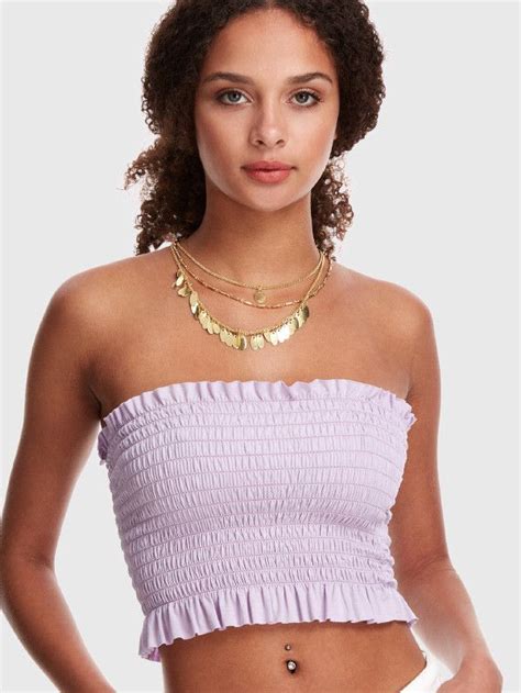 Shein Frill Trim Solid Shirred Bandeau Top Bandeau Top Bandeau Top