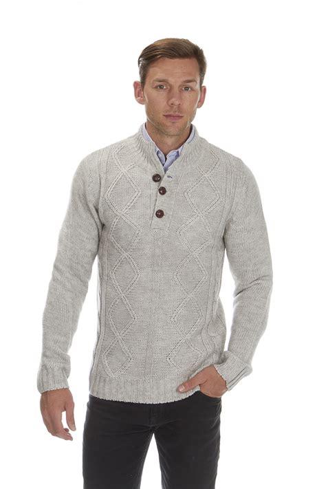 Urban Revival Mens Chunky Cable Knit Jumper Button Up Neck Sweater