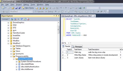creating the “gettasks” stored procedure dnn corp