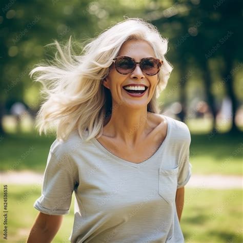 European Woman In Sunglasses Smiling In The Park Portrait Of A Good