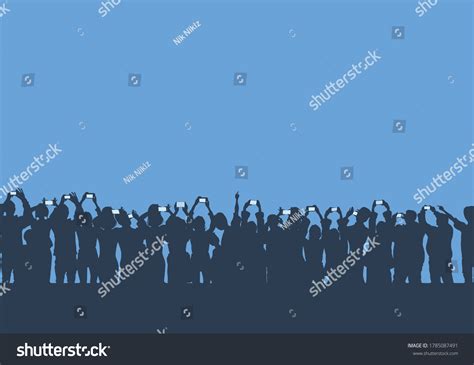 Vektor Stok Silhouettes People Filming Presentation Using Smartphones