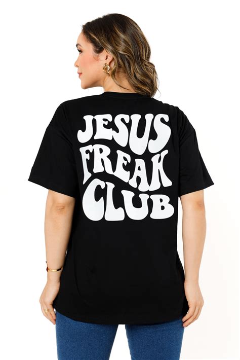 T Shirt Oversized Estampada Jesus Freak Club Frente E Costas Preto