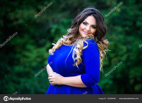 Happy Plus Size Fashion Model In Blue Dress Outdoors Happiness Beauty