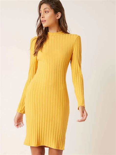 Shein Basics Mock Neck Solid Dress Ribbed Knit Bodycon Dress Bodycon