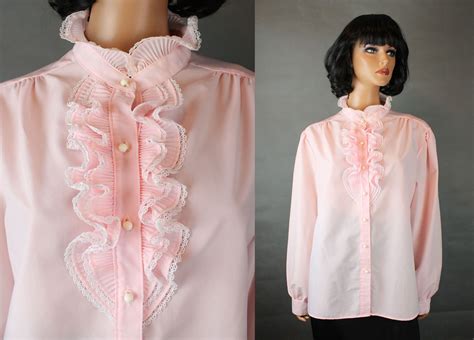 Vintage Tuxedo Blouse Xl Pink White Ruffled High Collar Etsy
