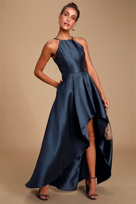 Lovely Navy Blue Dress High Low Dress Satin Gown Lulus