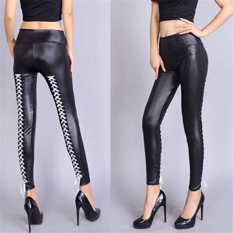 Women Ladies Fashion High Waist Black Ladies Lace Up Leather Leggings