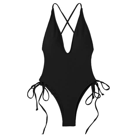 One Piece Swimsuit Women Solid Color Deep V Neck Strap Beach Swim Suits