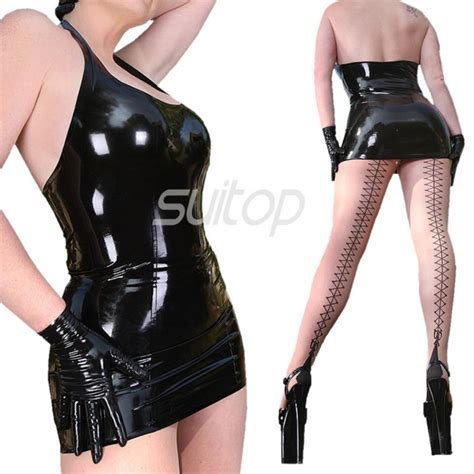 Sexy And Special Rubber Latex Halter Mini Dress With Gloves In Black