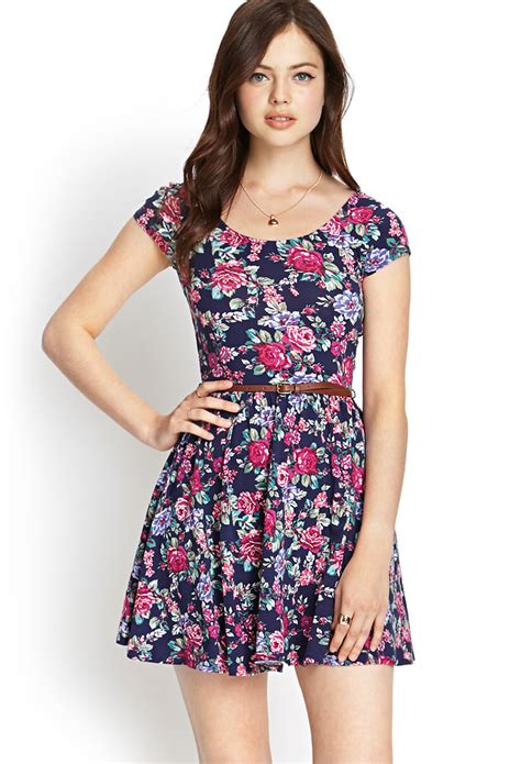 Forever 21 Belted Floral Skater Dress In Blue Navy Blush Lyst