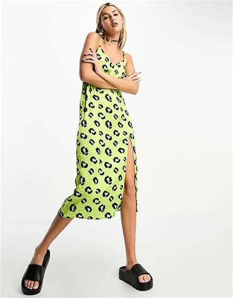 Heartbreak Satin Cami Midi Dress With Side Slit In Lime Abstract