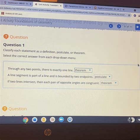 Classify Each Statement As A Definition Postulate Or Theorem Select