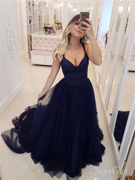 Spaghetti Strap V Neck Navy Blue Prom Dresses Long Formal Dress Ard2110