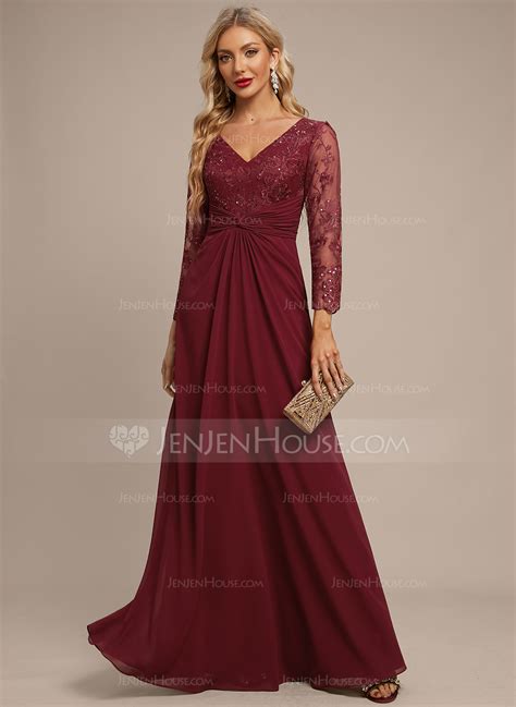 Sheath Column V Neck Floor Length Chiffon Lace Evening Dress With