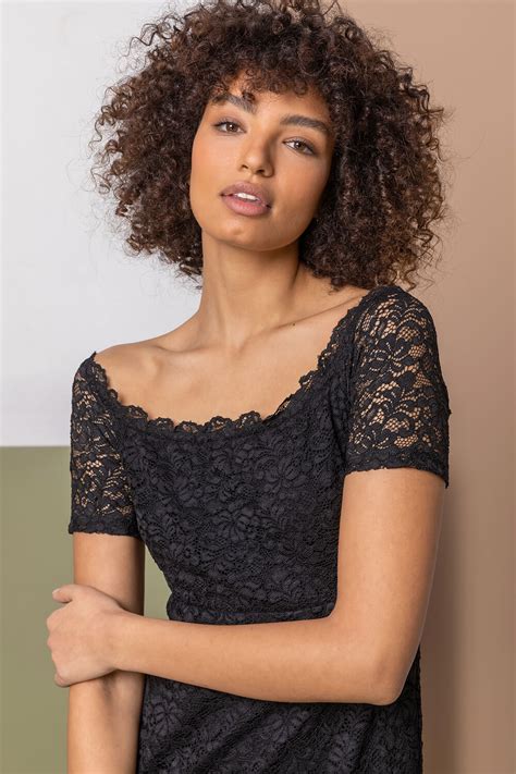 Black Lace Fitted Bardot Dress Roman Uk