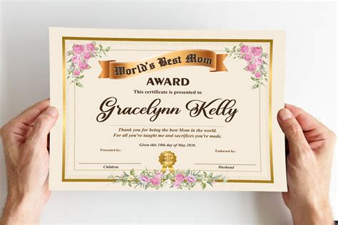 Editable Worlds Best Mom Certificate Pink Rose Customizable Unique G