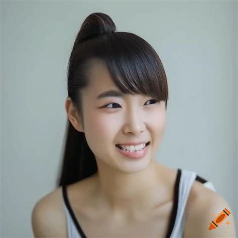 Beautiful Young Woman Japanese Shy Smile Indoors Plain Background