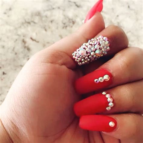 Rhinestone Red Acrylic Nails With Diamonds Dots Looks Like An