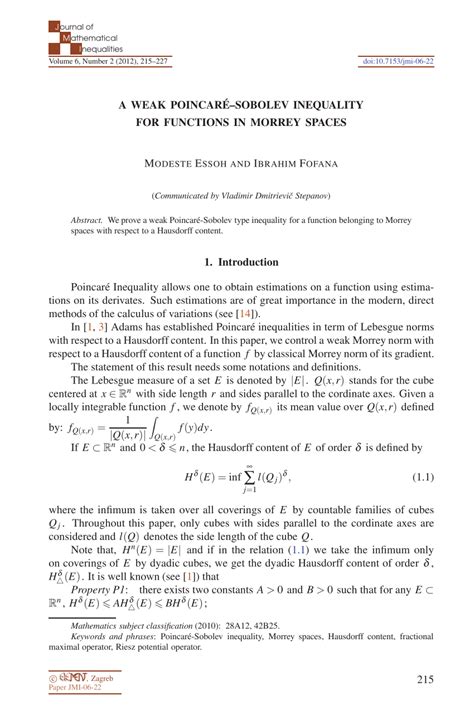 pdf a weak poincaré sobolev inequality for functions in morrey spaces