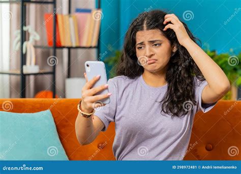 Sad Indian Woman Use Smartphone Surprised By Bad News Fortune Loss