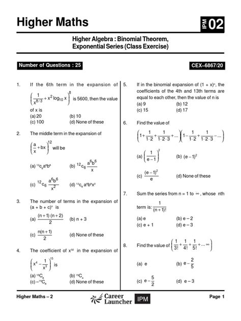 higher maths higher algebra binomial theorem exponential series