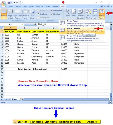 how to fix rows in excel