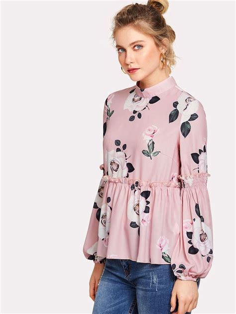 Shein Bishop Sleeve Frill Detail Floral Blouse Fashion Tops Blouse