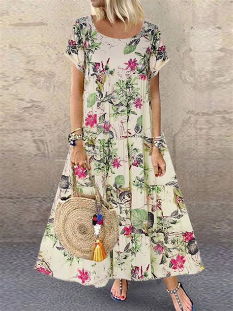 Zanzea Zanzea Women O Neck Short Sleeve Floral Printing Dress Loose