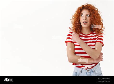 Attractive Redhead Modern Lady Curly Hair Look Amused Curious Wonder