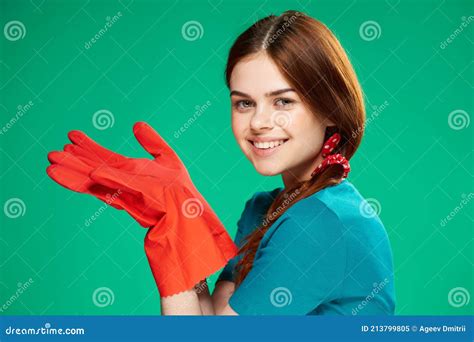 Cheerful Red Haired Woman Wearing Rubber Gloves House Cleaning