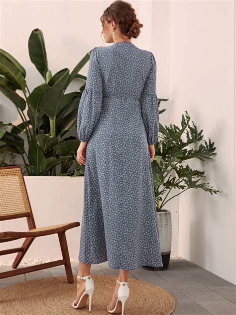 Shein Modely Ditsy Floral Bishop Sleeve Knot Side Wrap Dress Shein Uk