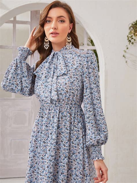 Shein Tie Neck Bishop Sleeve Ditsy Floral Dress Shein Usa