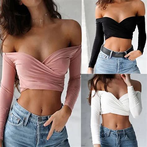 New Fashion Sexy Women Clothes Off Shoulder T Shirts Summer Long Sleeve