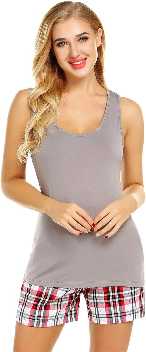 Damen Pyjama Set Plaid Shorts Ärmellos Shirt Nachtwäsche Pj Set Amazon