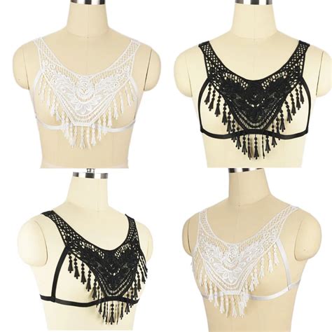 Womens Sexy Lace Sheer Cage Bralette Elastic Tassel Bra Bondage Strappy