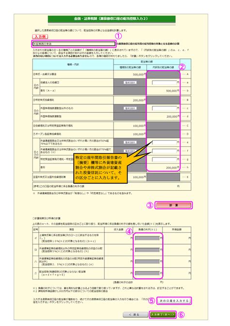 【確定申告書等作成コーナー】 「金融・証券税制（源泉徴収口座の配当控除入力2）」画面の入力例
