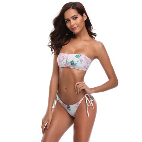 Sexy Floral Print Off Shoulder Bandeau Mini Bikini Bandage Thong Low