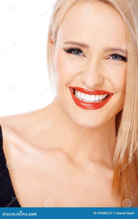 Portrait Of Smiling Blond Cute Woman With Red Lipstick Royalty Free