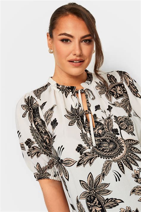 Yours Plus Size White Floral Border Print Neck Tie Blouse Yours Clothing