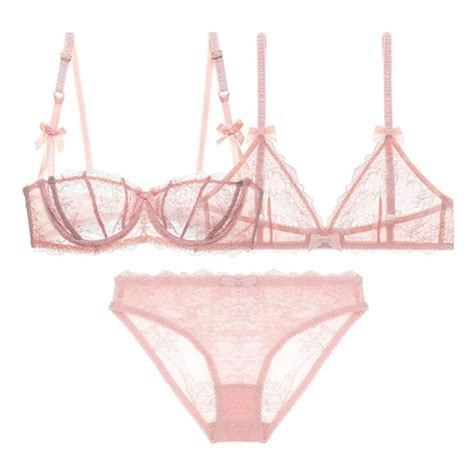 Yuanchng See Through Half Cup Bra Wire Free Floral Lace Bra Panty