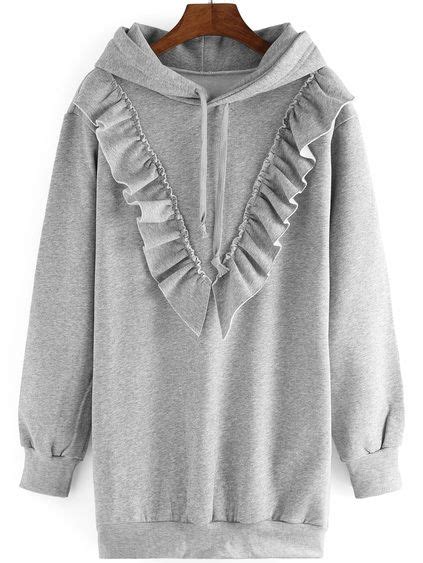 Hooded Long Sleeve Ruffle Grey Sweatshirt Sweatshirts Grey