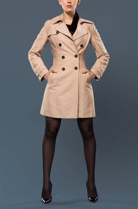 Slim Woman In Black Pantyhose And Beige Trench Stock Image Image Of