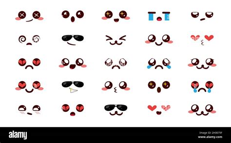 Smiley Kawaii Emoji Vector Set Emoticon Cute Chibi Smileys Cartoon In