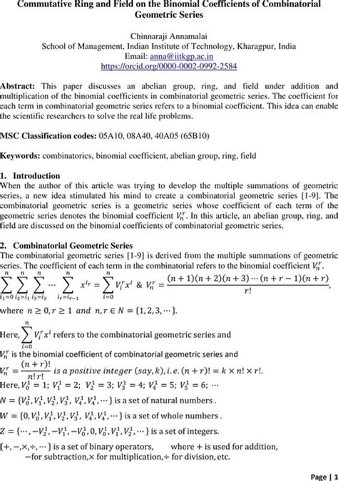 Commutative Ring And Field On The Binomial Coefficients Of