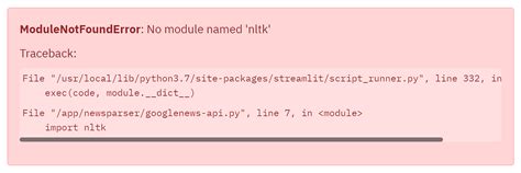 modulenotfounderror no module named nltk using streamlit streamlit