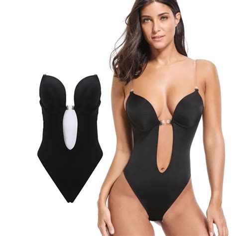 Ningmi Women U Plunge Bodysuit Shaper Molded Cup Push Up Bra G String