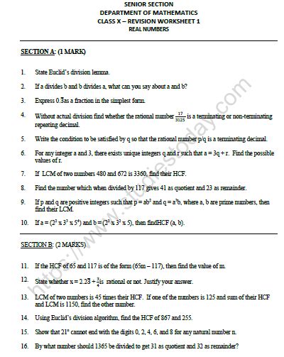Cbse Class 10 Mathematics Real Numbers Worksheet Set A