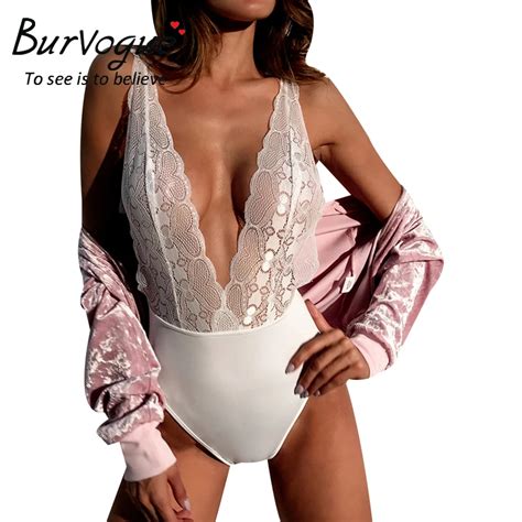 Burvogue Women Sexy Teddy Lingerie One Piece White Deep V Bodysuits