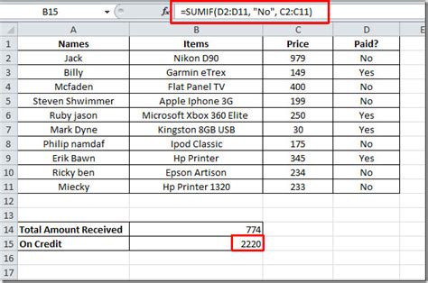sumif function in excel 2010
